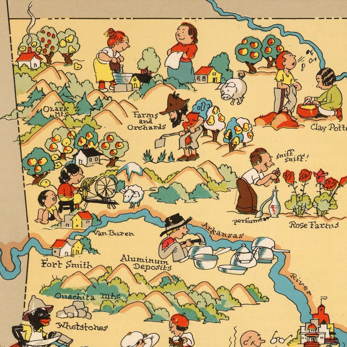 1930's Vintage Arkansas State Map Cartoon Map Print - Etsy