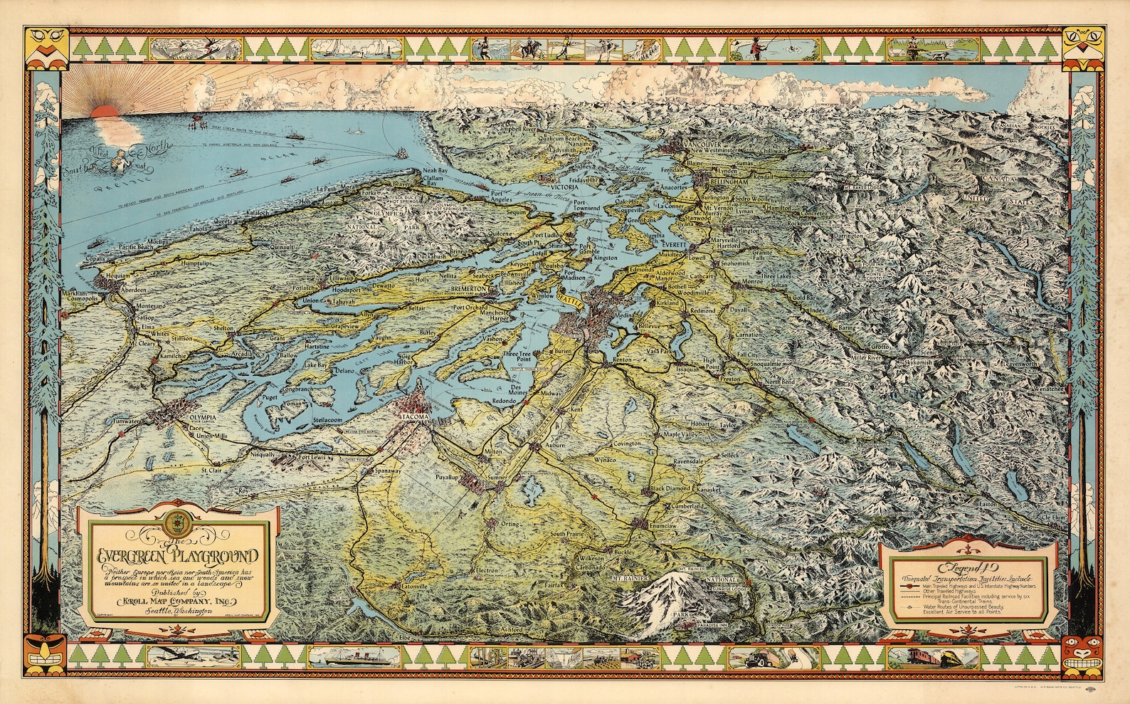 1930 the Evergreen Playground Map, Birdseye View of Puget Sound, Kroll ...