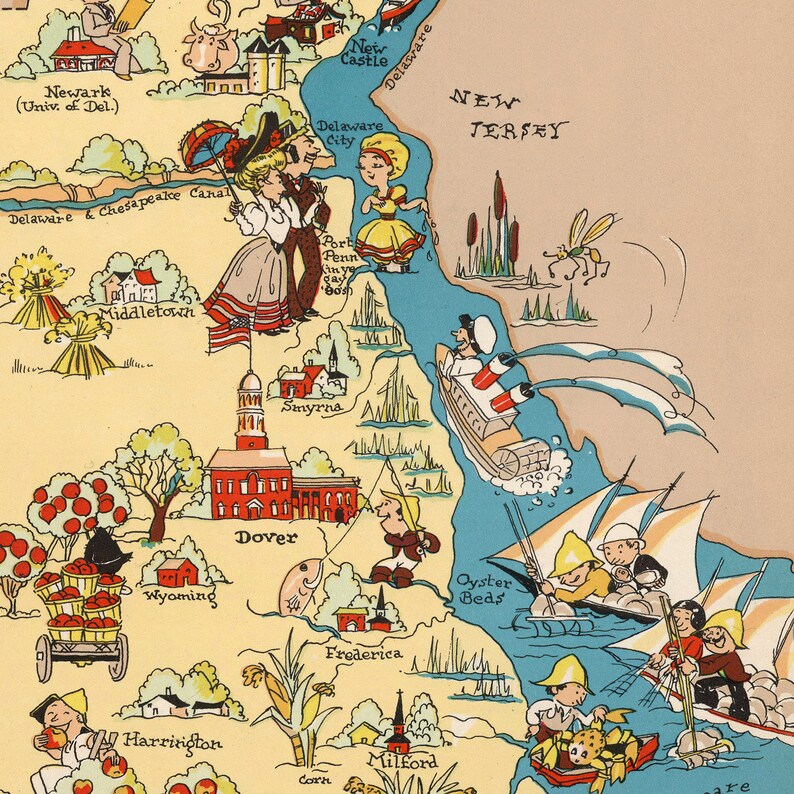1930's Vintage DELAWARE State Map Cartoon Map Print | Etsy