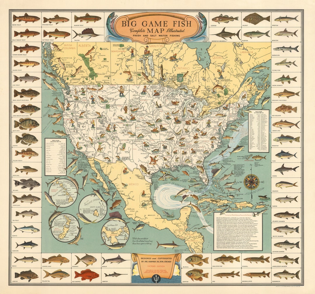 BIG Game FISH Map - 1936 Fish Map of the United States, Salt and Fresh ...