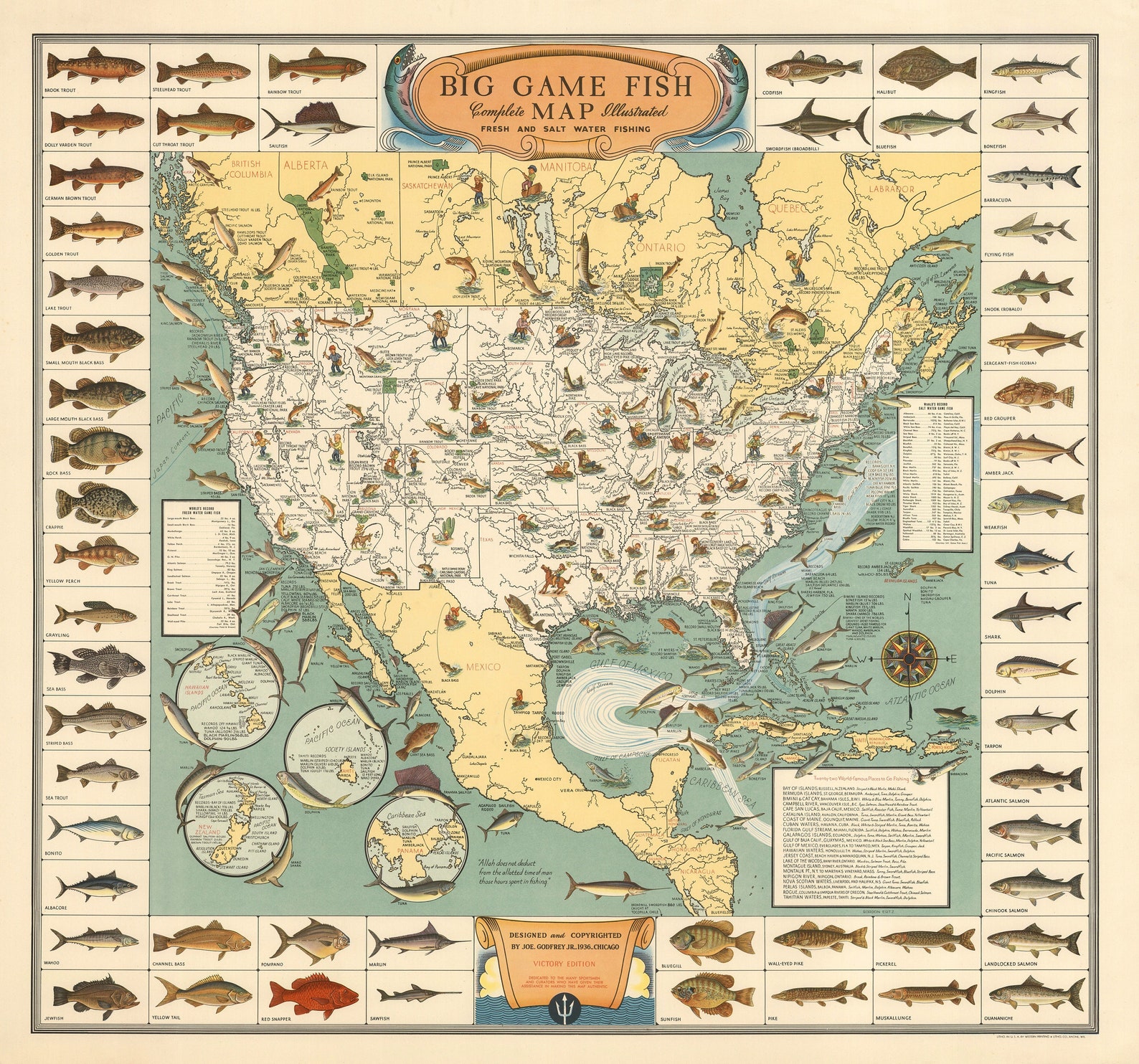 BIG Game FISH Map 1936 Fish Map of the United States, Salt and Fresh ...