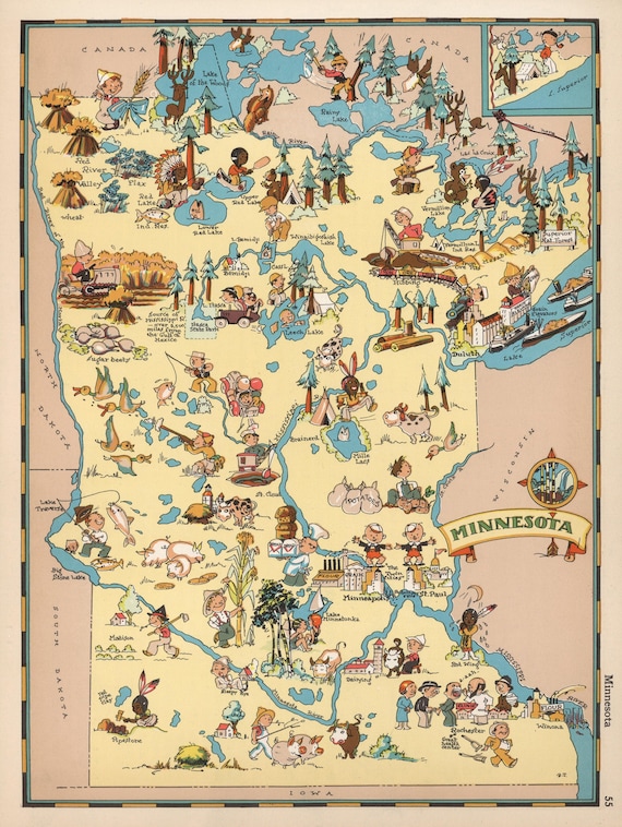 1930's Vintage MINNESOTA State Map Cartoon Map Print | Etsy
