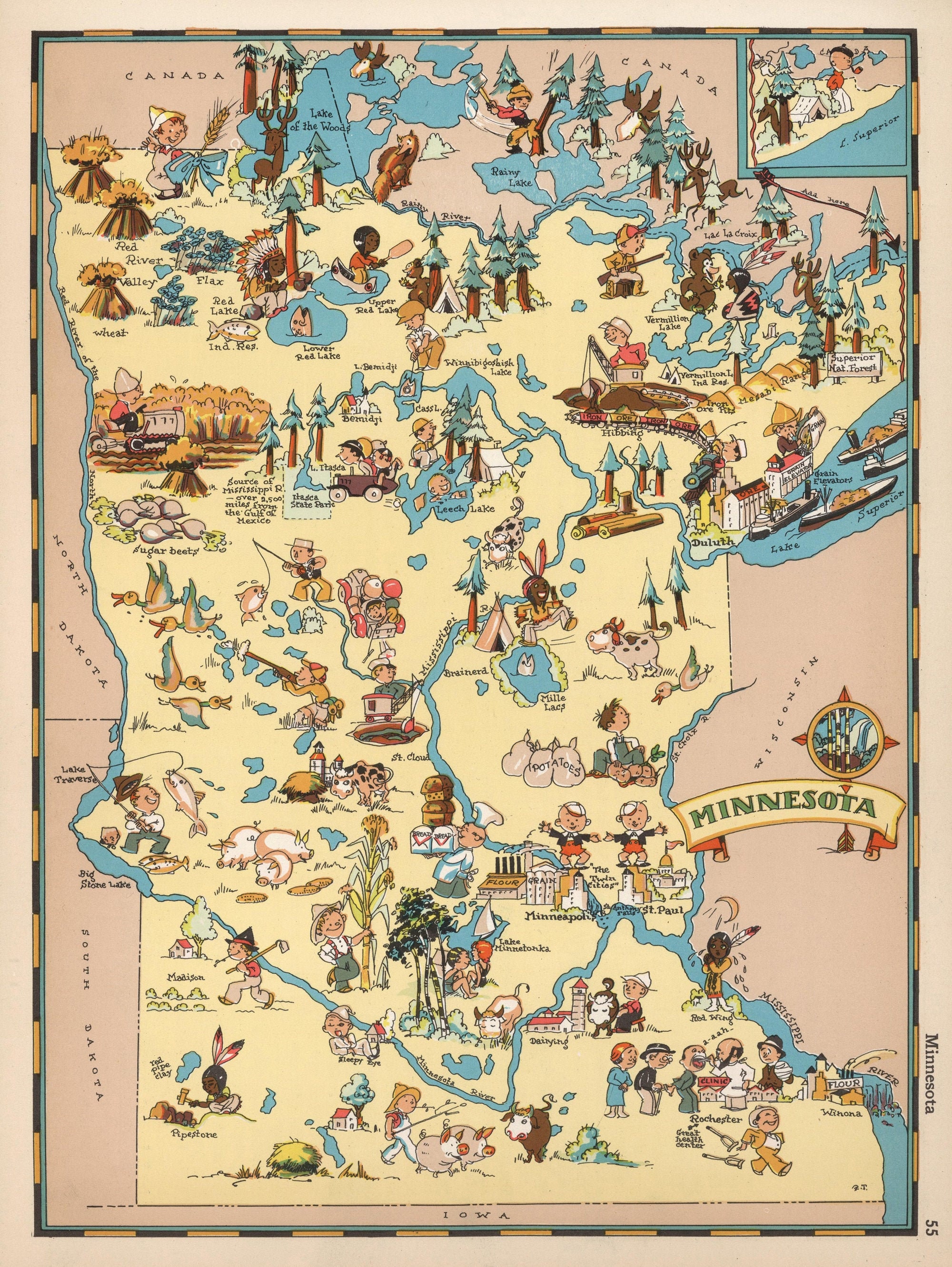 1930's Vintage MINNESOTA State Map Cartoon Map Print | Etsy