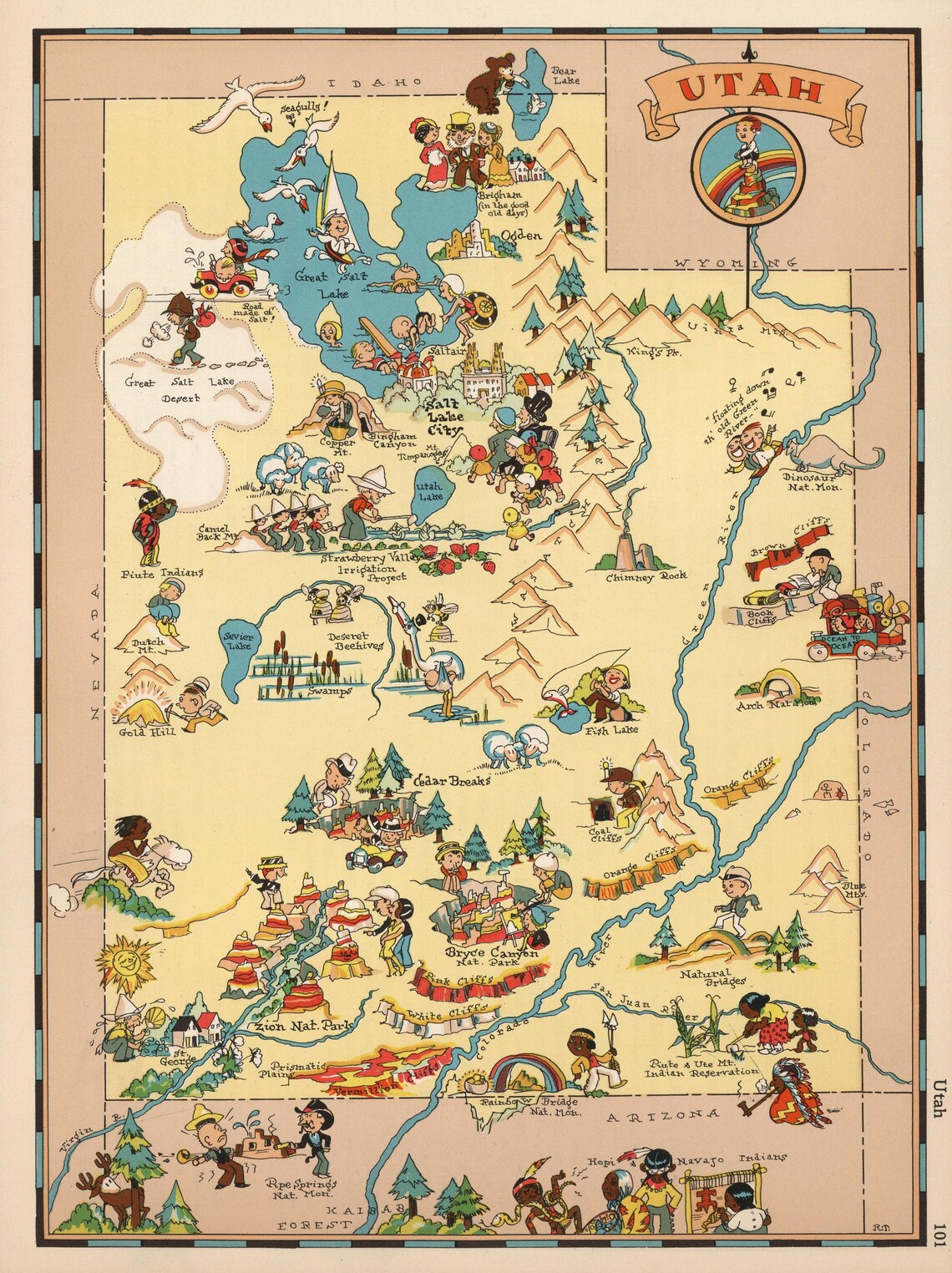 1930's Vintage UTAH State Map Cartoon Print Gallery Wall - Etsy