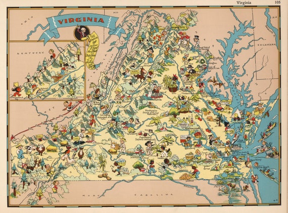 1930's Vintage VIRGINIA State Map Cartoon Print Gallery | Etsy