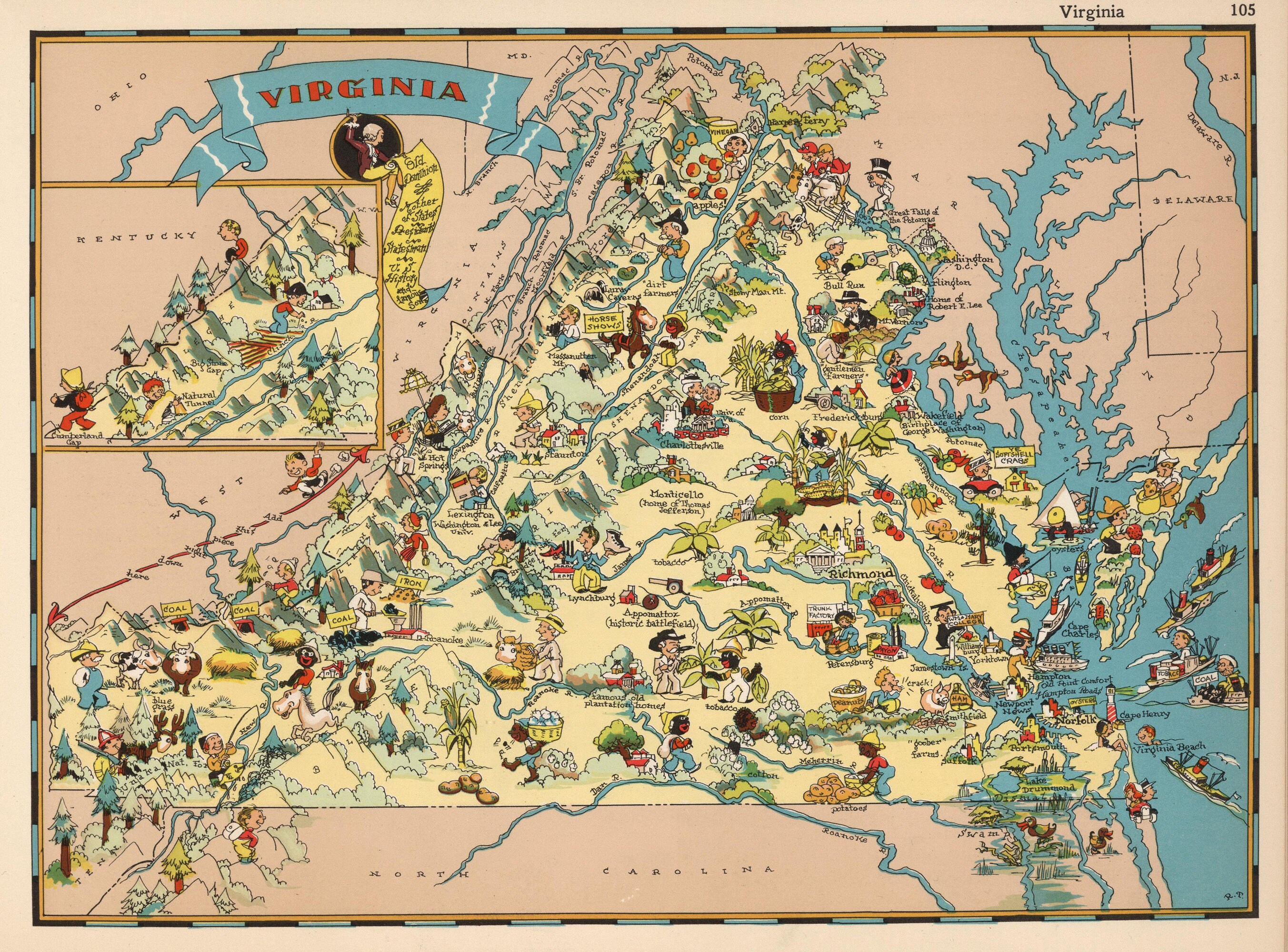1930's Vintage VIRGINIA State Map Cartoon Print Gallery | Etsy