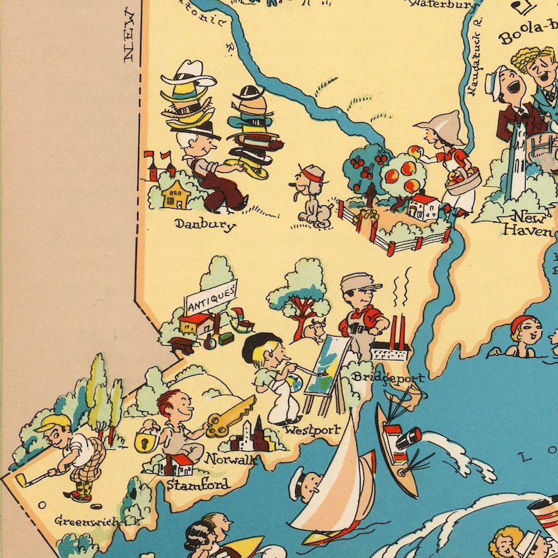 1930's Vintage CONNECTICUT Map Cartoon Map Print Gallery - Etsy