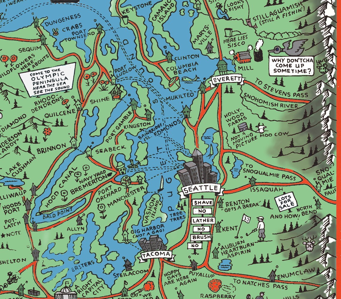 Hysterical Map of OLYMPIC PENINSULA and Puget Sound by Jolly Lindgren ...