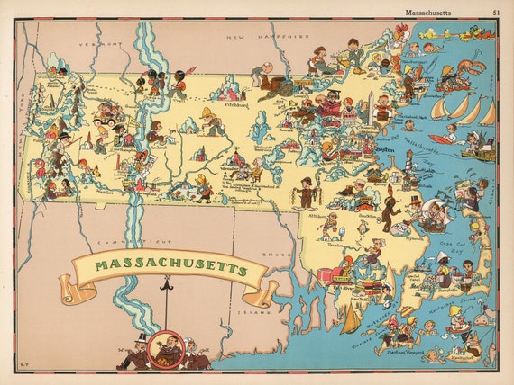 1930's Vintage MASSACHUSETTS State Map Cartoon Map Print - Etsy