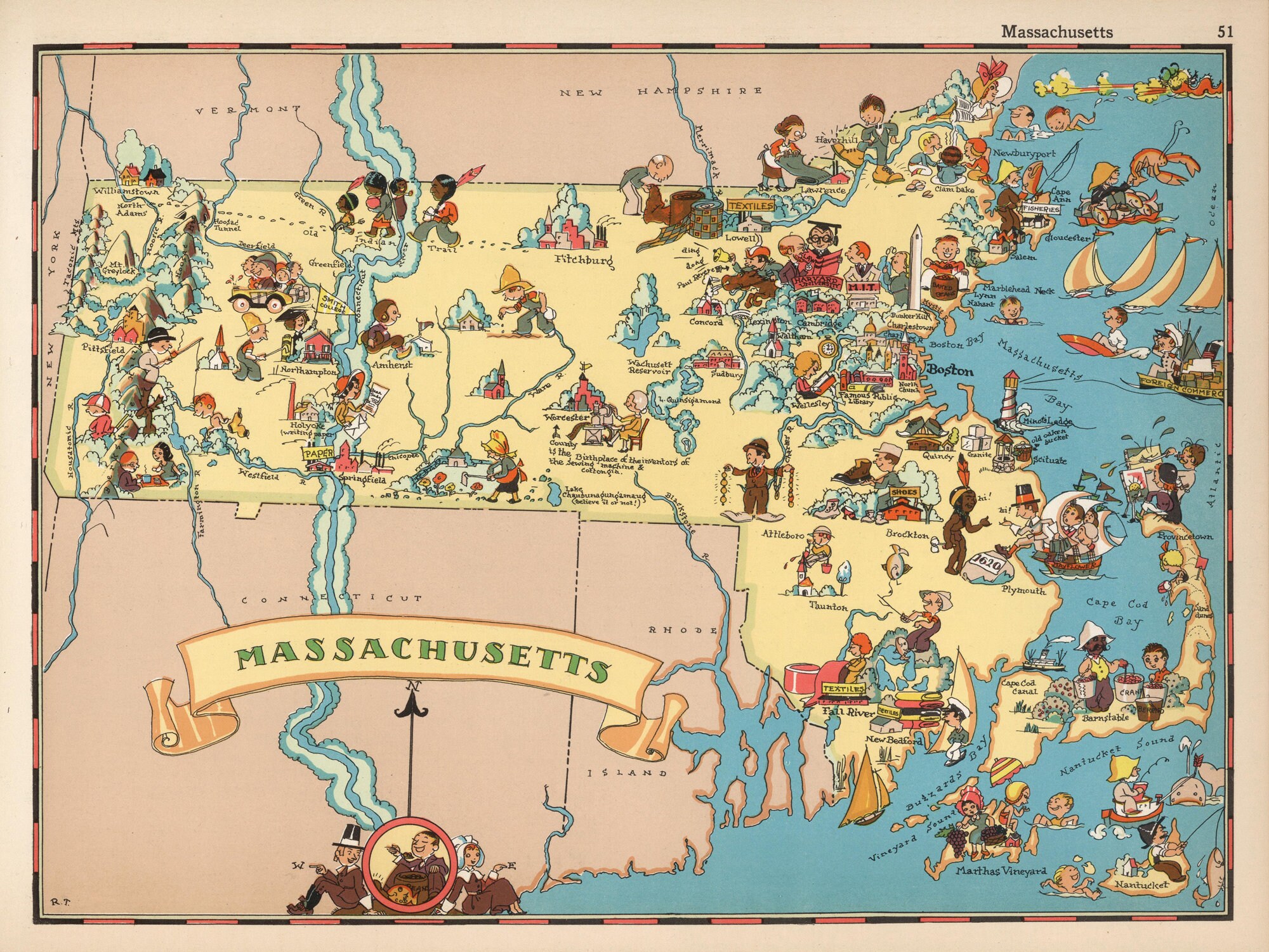 1930's Vintage MASSACHUSETTS State Map Cartoon Map Print - Etsy