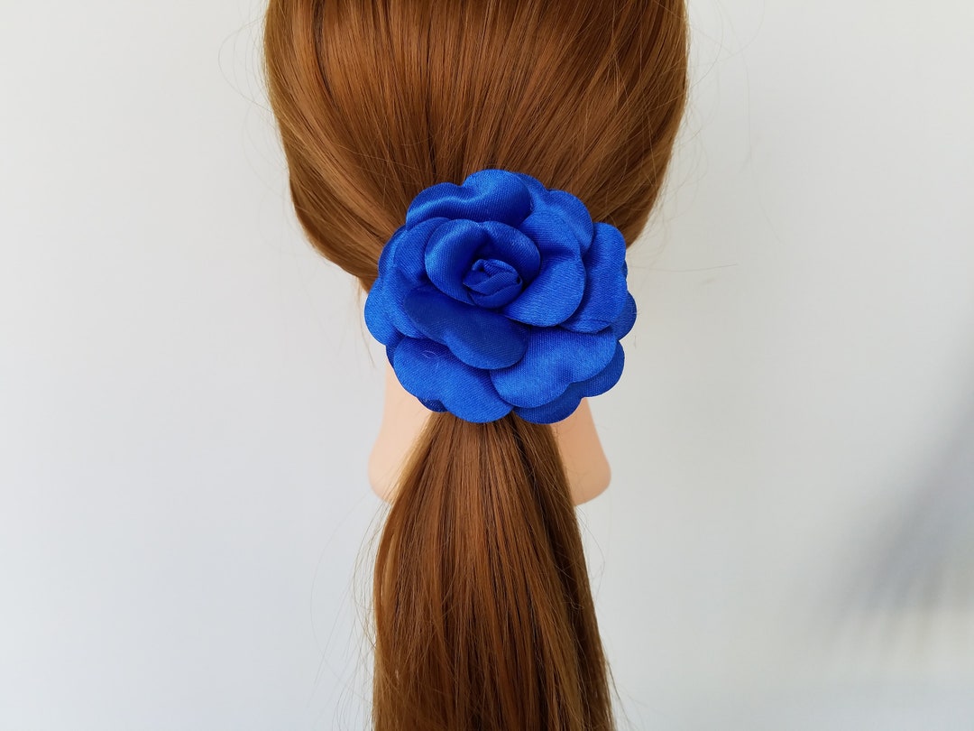Satin Rose Flower Ponytail Holder, Royal Blue Hair Tie, Hair Elastic ...