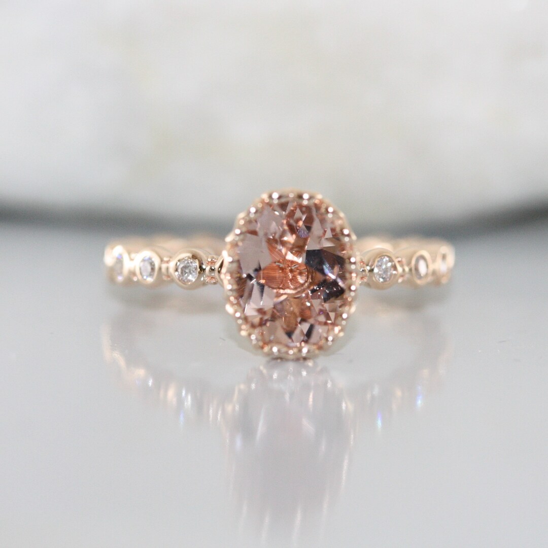 Center of Love Oval Morganite and Bubble Diamond Shank Engagement Ring ...