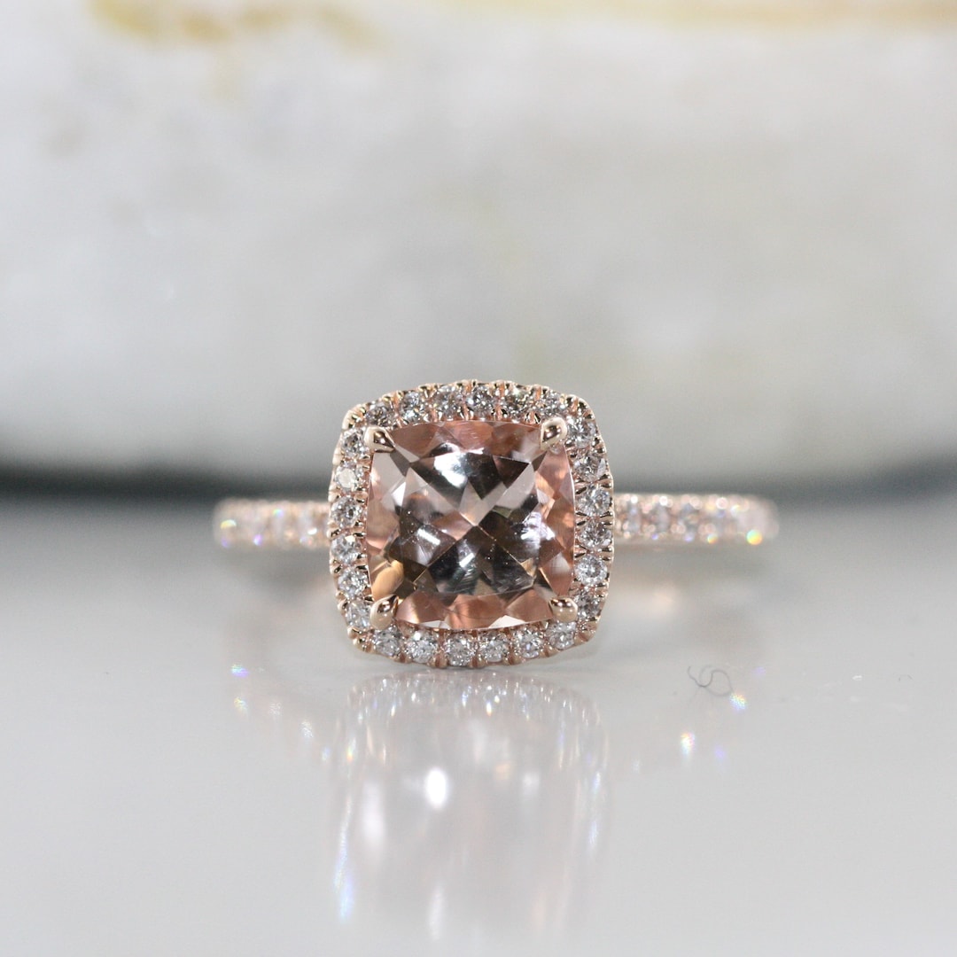Princess Cut Morganite and Diamond Haloengagement Ring in 14K Rose Gold ...