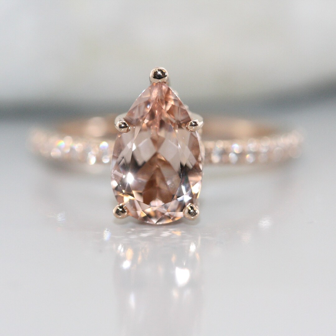 Tear Drop Peach Color Morganite and VS Diamond in 14K Rose Gold Pear ...