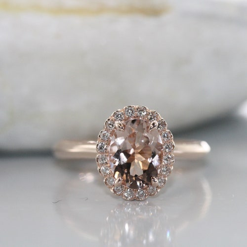 9x7 Mm Oval Morganite In 14k Rose Gold Diamond Halo Morganite Etsy