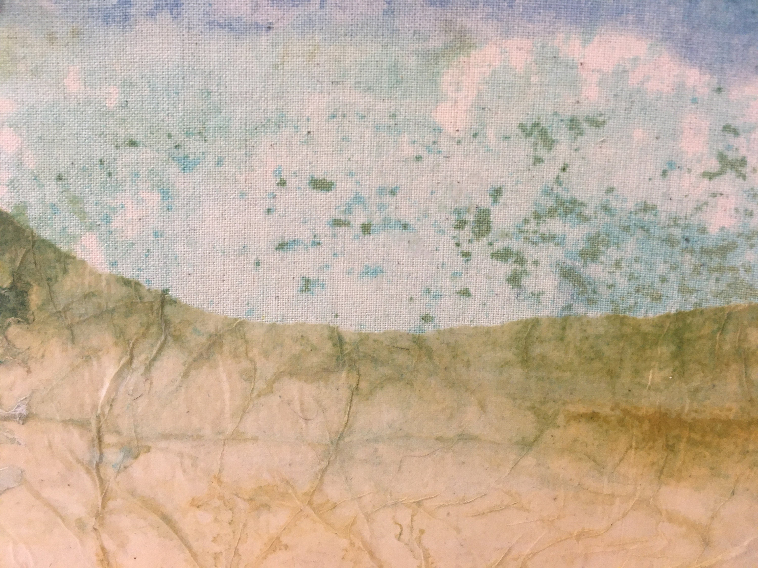 Paisaje abstracto del lago, pintura original en tinta y collage sobre ...