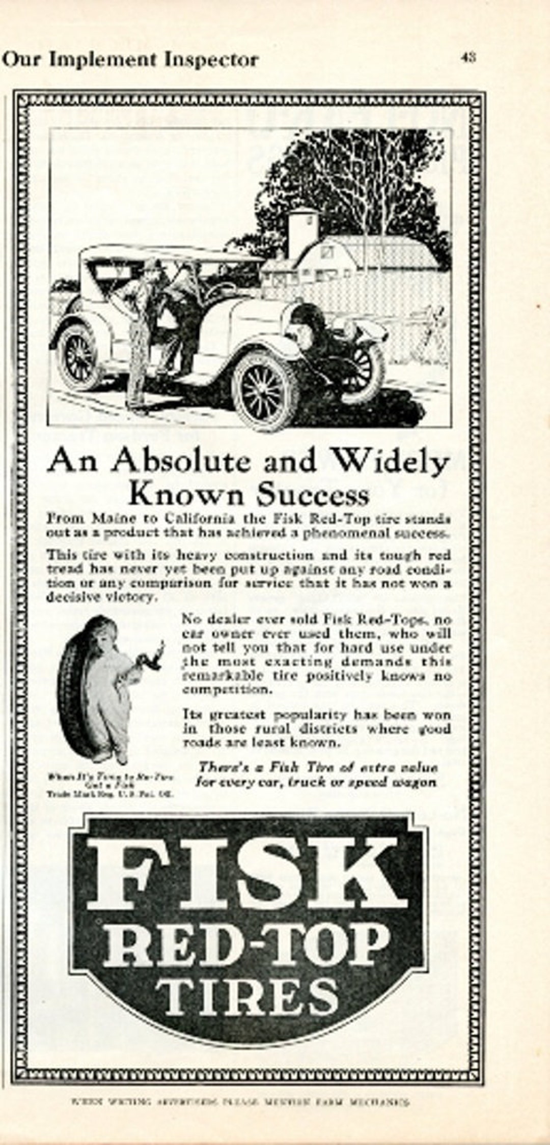 1923 Fisk Red-top Tire With Picture of Touring Car on Farm Print Ad ...
