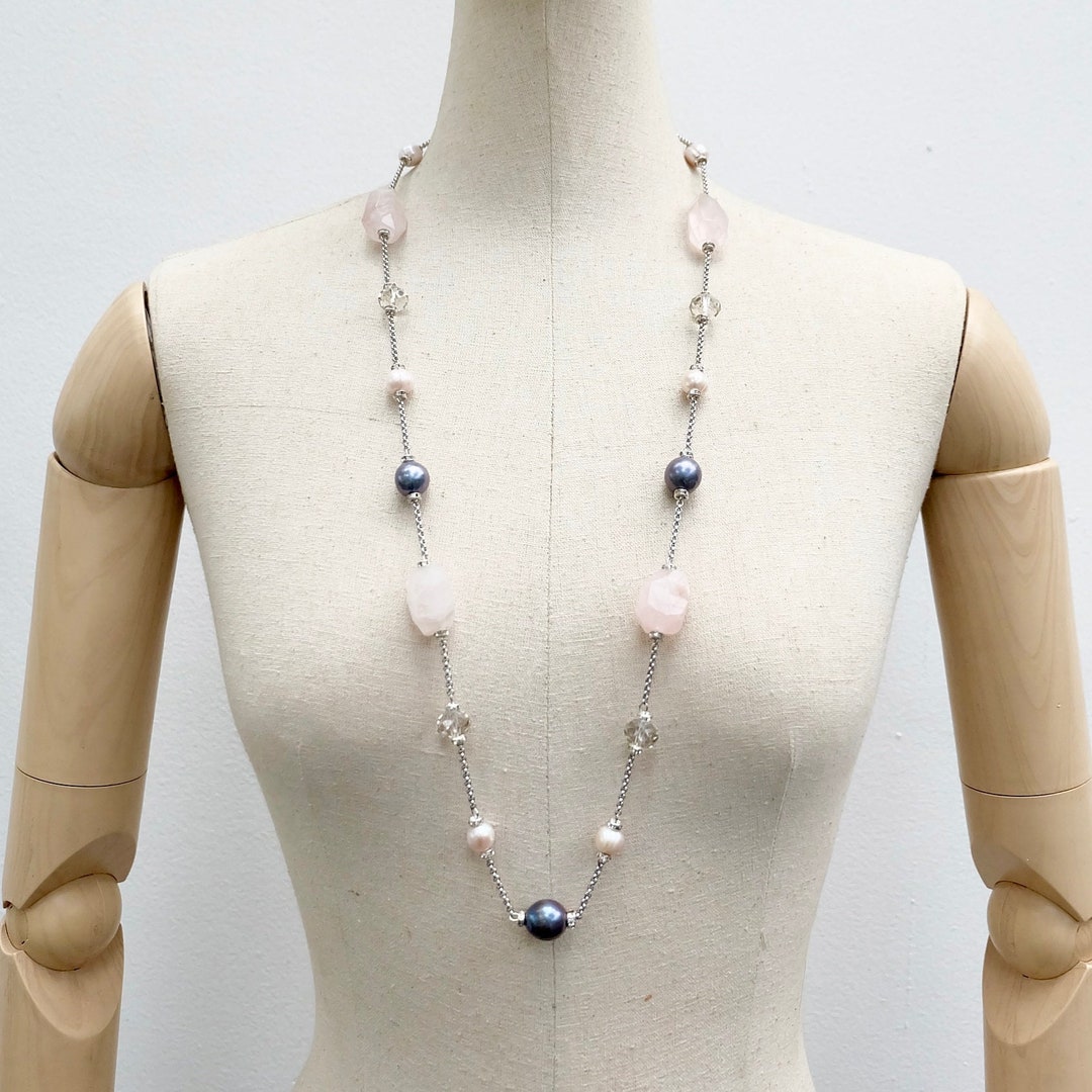 Michaela Gold Necklace - Black Pearls, Rose Quartz, Crystal Quartz, FW ...