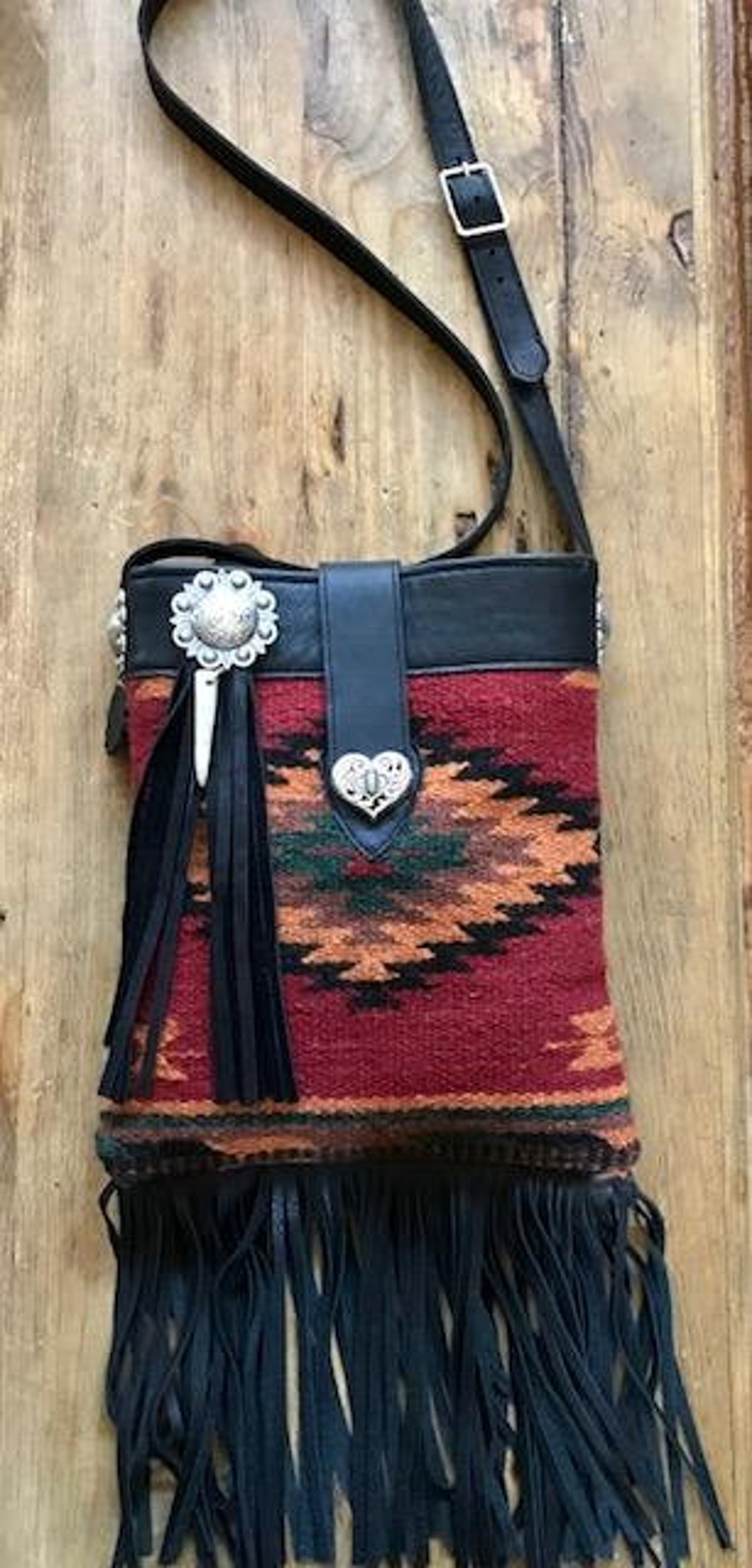 Repurposed Native Woven Wool Rug Bag Purse Leather Tons of Fringe ...