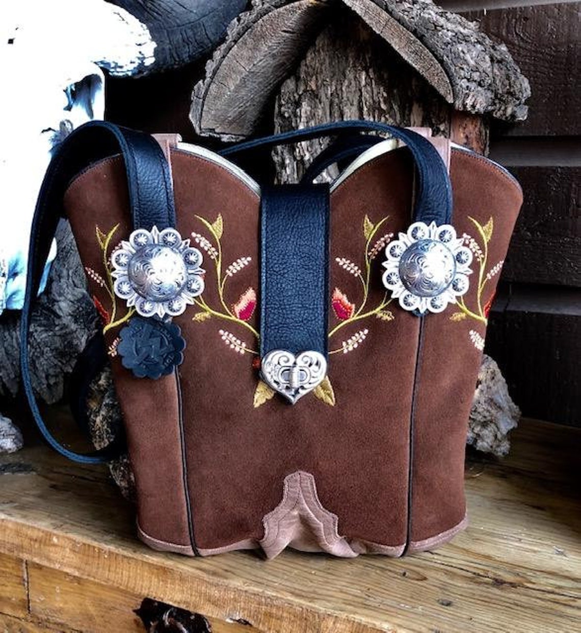 COWBOY BOOT PURSE Handbag Conchos Boot Top Repurposed Boots Embroidery ...