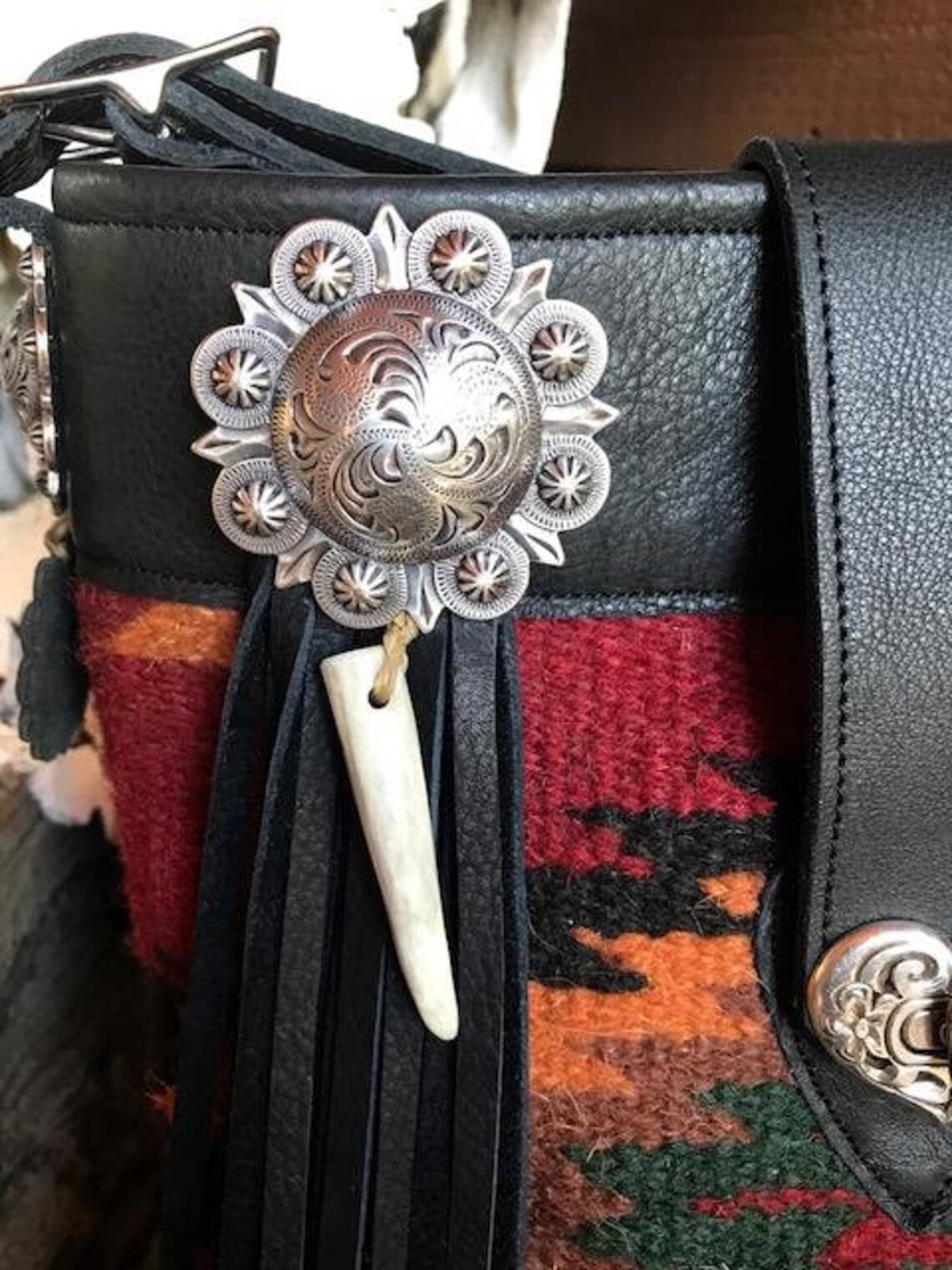 Repurposed Native Woven Wool Rug Bag Purse Leather Tons of Fringe ...