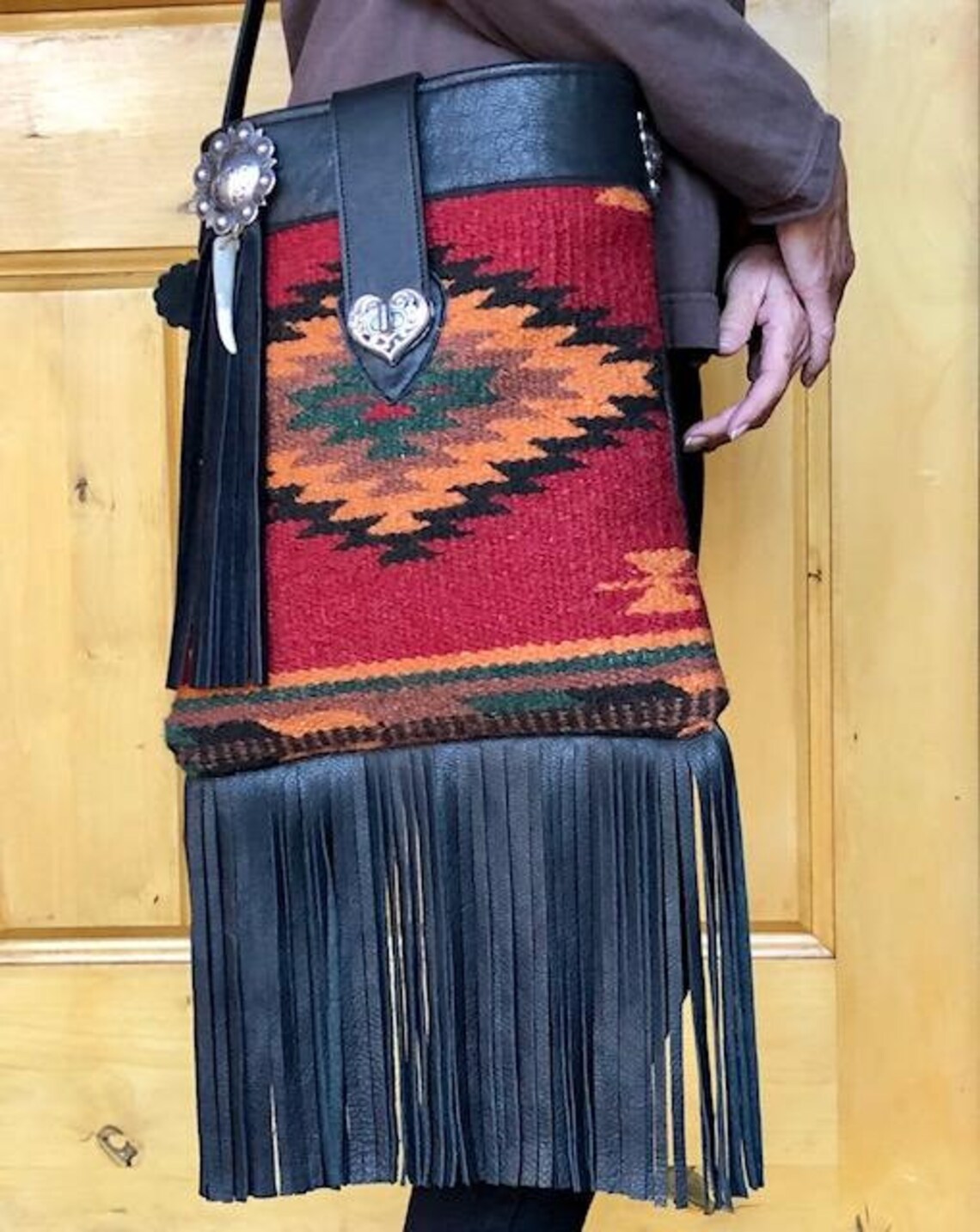 Repurposed Native Woven Wool Rug Bag Purse Leather Tons of Fringe ...