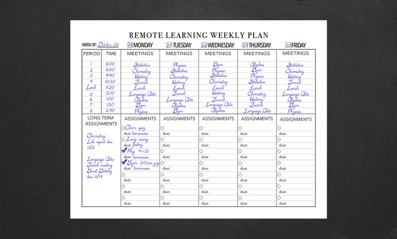 Printable Remote Learning Weekly Assignment Planner and - Etsy