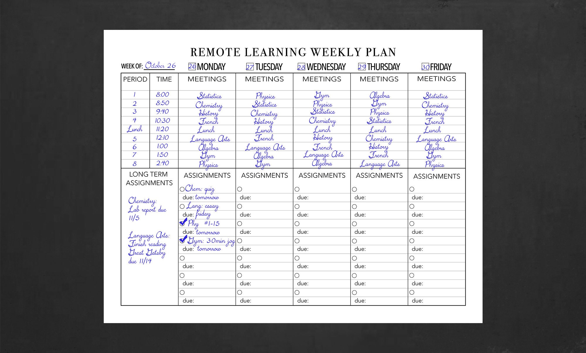 Printable Remote Learning Weekly Assignment Planner and Schedule Middle ...