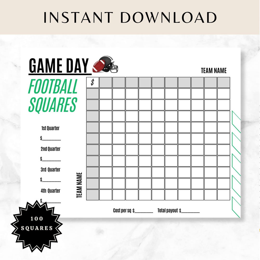 Printable 100-square Green Football Squares Grid - Super Bowl Game ...