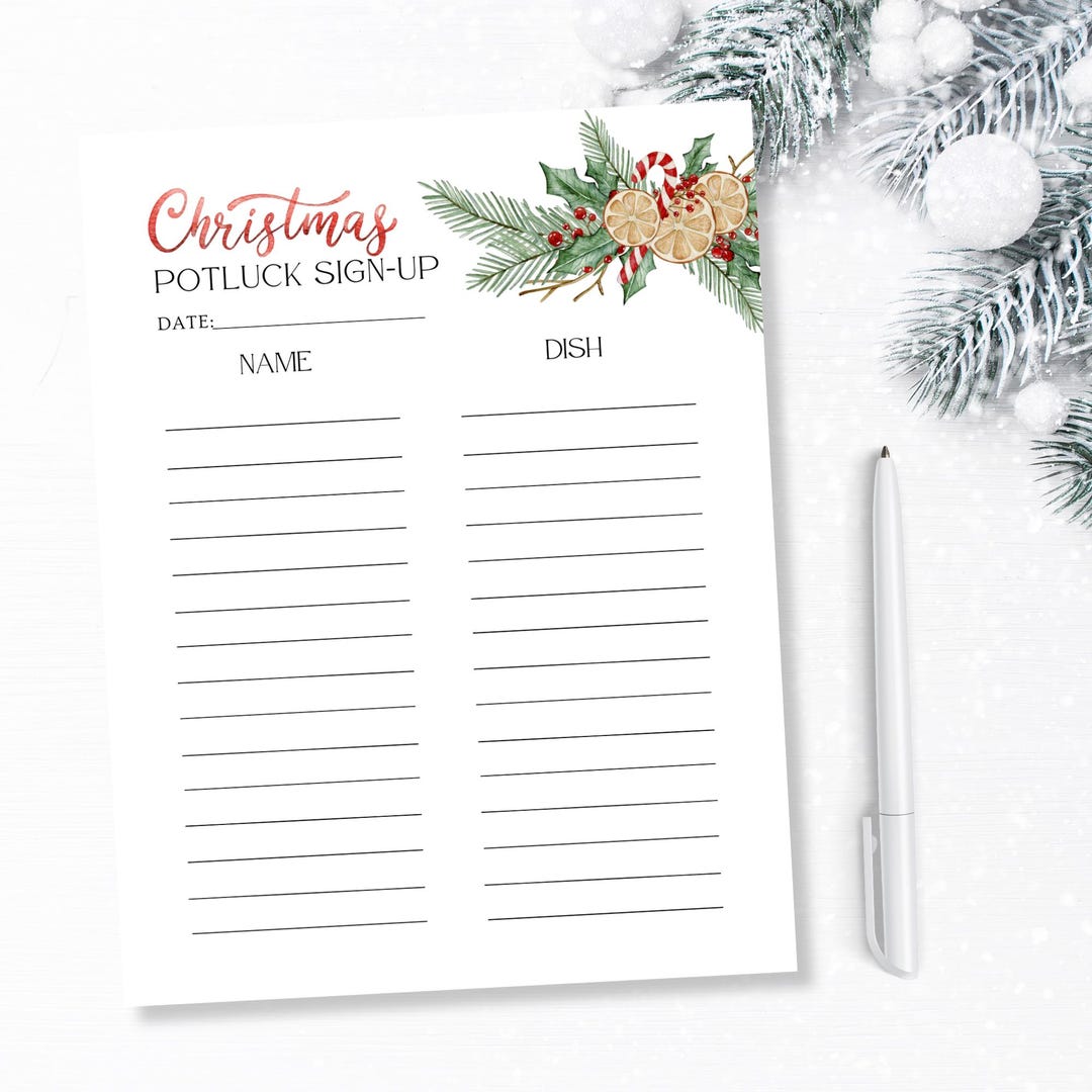 Christmas Potluck Sign-up Sheet Printable - Holiday Potluck Organizer ...