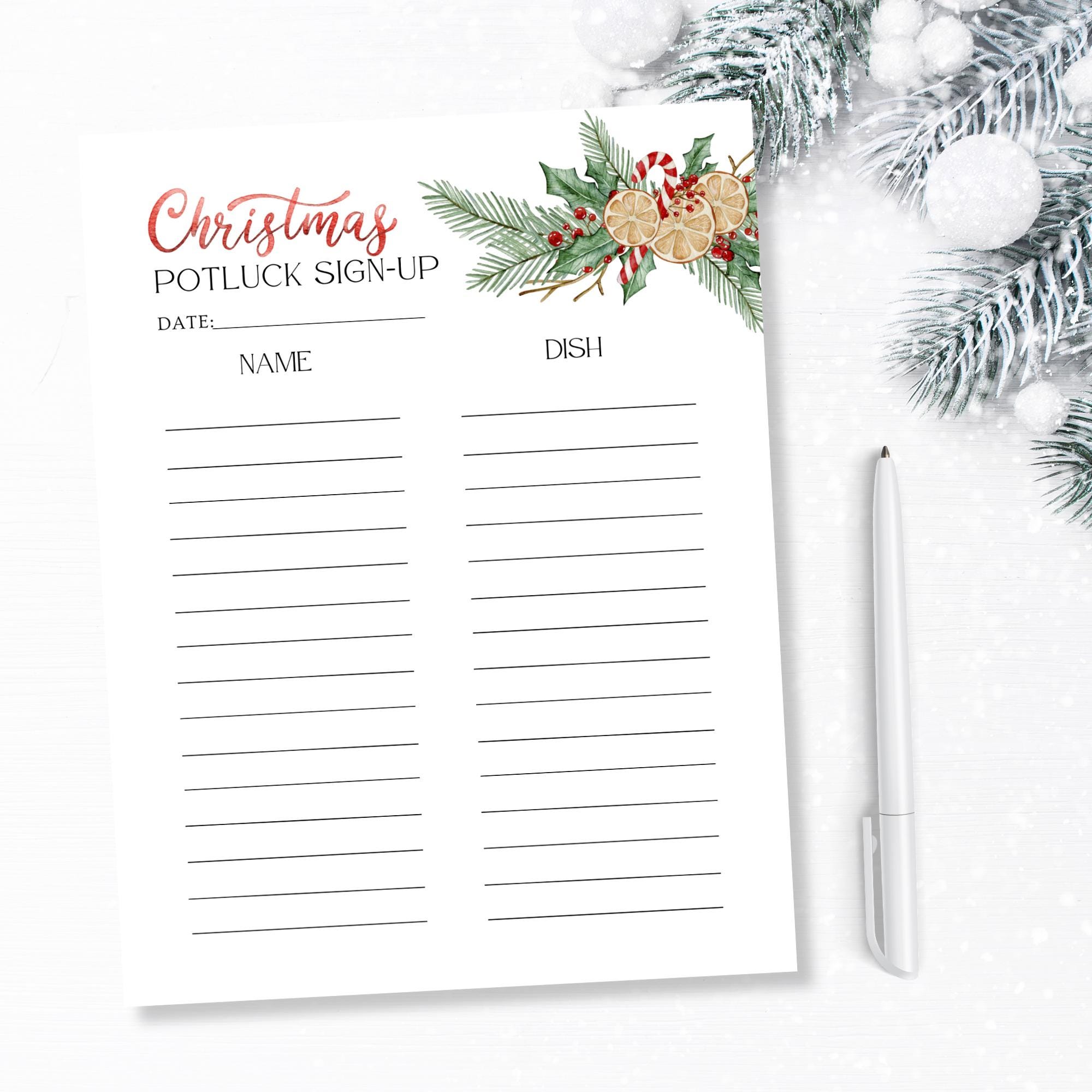Christmas Potluck Sign-up Sheet Printable - Holiday Potluck Organizer ...