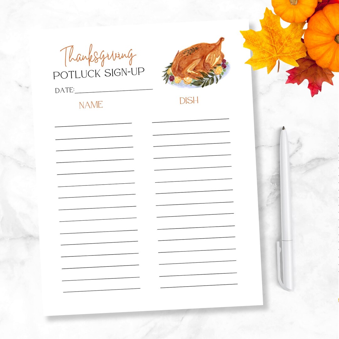 Printable Thanksgiving Potluck Sign-up Sheet - Watercolor Turkey Design ...
