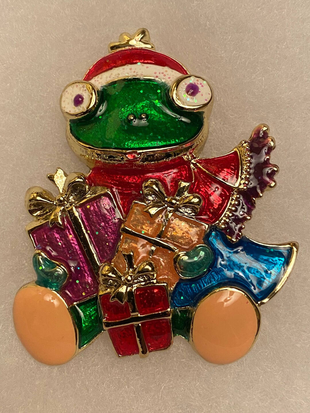 Haskell Holiday Pin Brooch Enamel Frog Santa With Presents Gifts ...