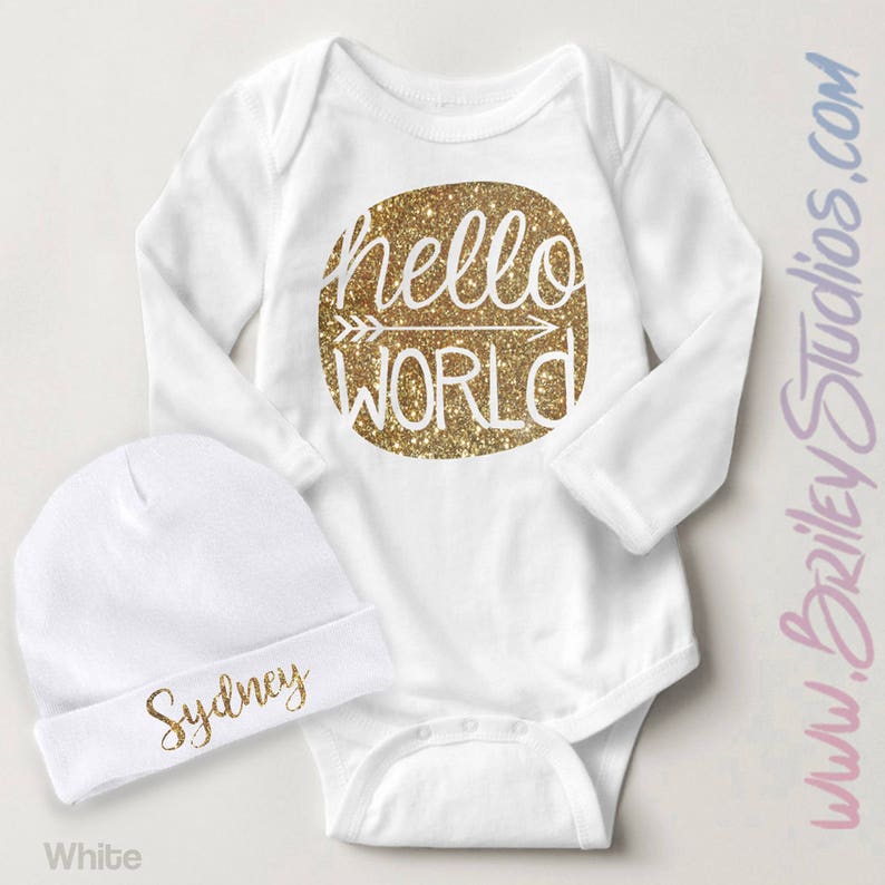 Gold Glitter Hello World Newborn Baby Onesie®, Announcement, Custom ...
