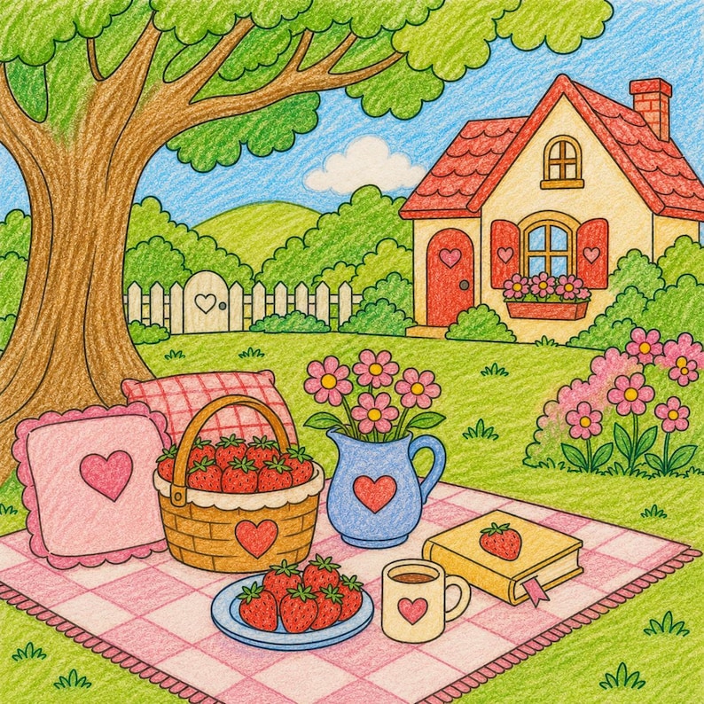 Strawberry Cottagecore Coloring Book | Cozy Garden Scenes, Bold Easy ...