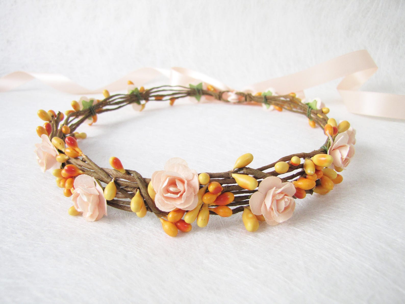 Wedding Floral Crown, Peach Flower Headband, Floral Head Wreath ...
