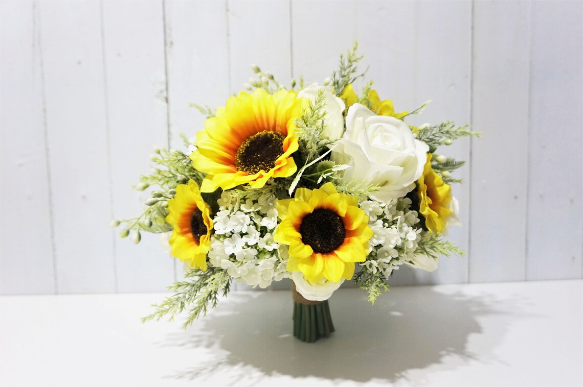 Sunflower Bridal Bouquet White Roses Bridal Bouquet Wedding - Etsy