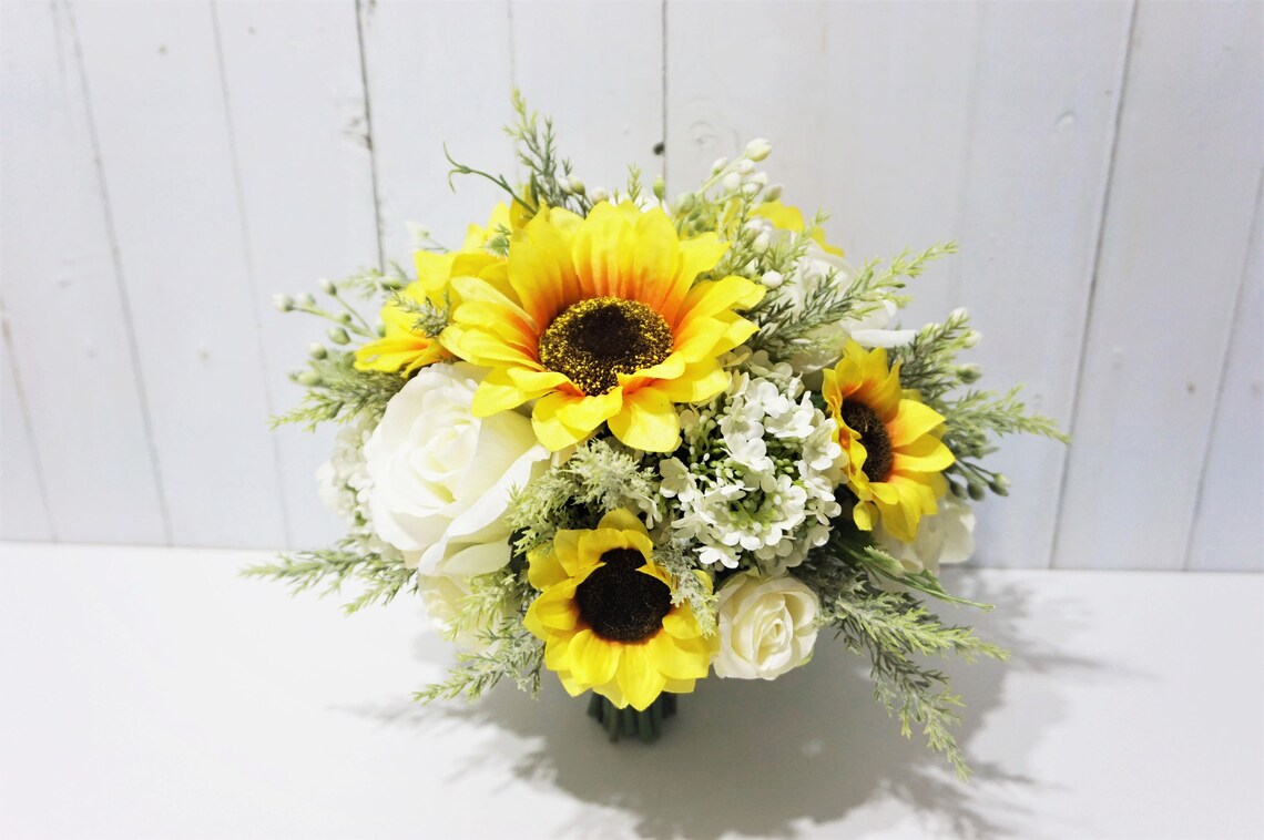 Sunflower Bridal Bouquet White Roses Bridal Bouquet Wedding - Etsy