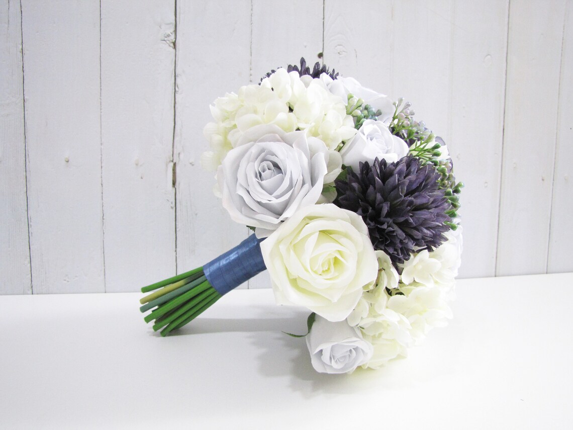 White Roses Bridal Bouquet Pale Blue Bridesmaid Bouquet | Etsy