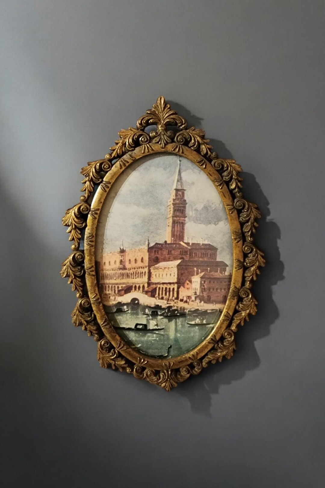 Vintage Italian Brass Oval Convex Frame With Canal Print Within - Etsy