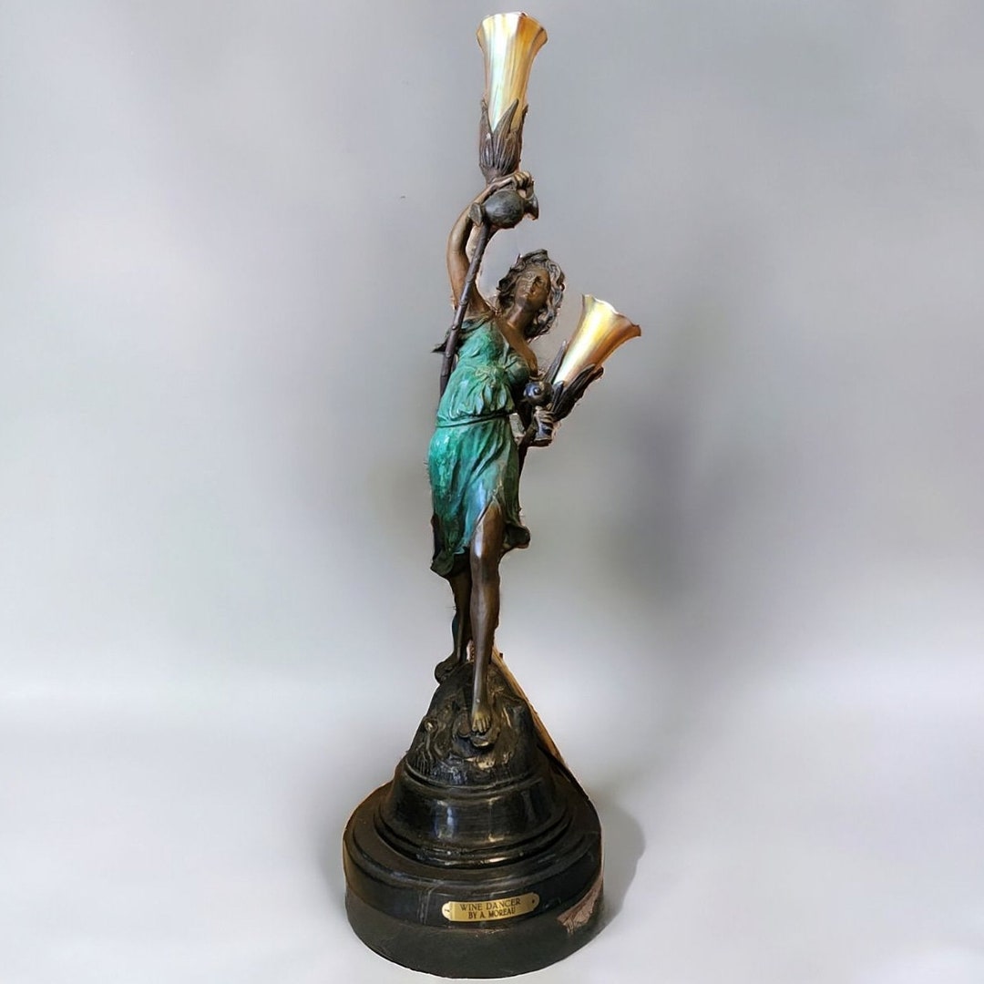 Wine Dancer by Auguste Moreau Bronze and Marble Statue and Lamp/ Signed ...
