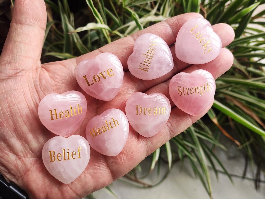 Word Stones Laser Engraved Rose Quartz Heart Worry Stones Pocket Rocks ...