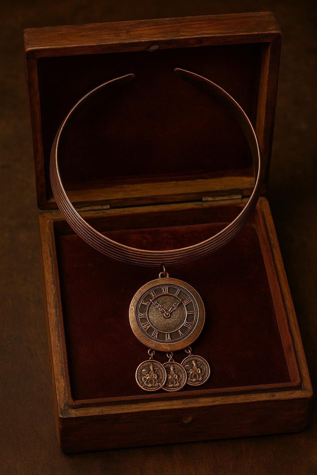 Rare 1930s Copper Choker • Art Deco Clock Pendant With Knight Coins ...