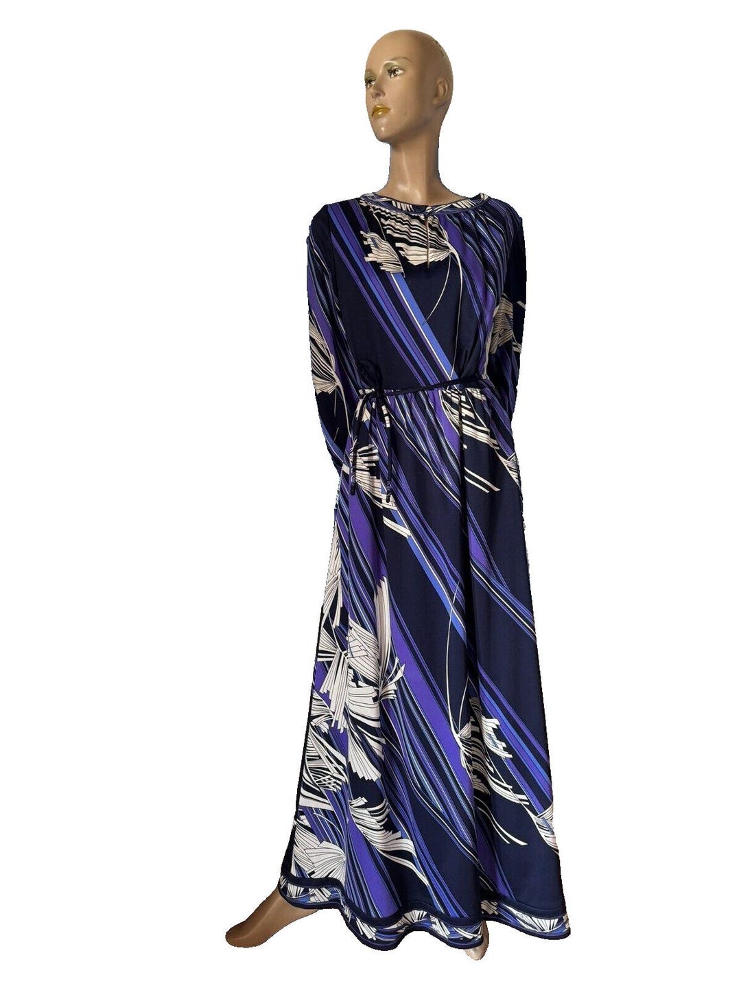 70s Vintage Maxi Dress Fink Black White Purple Pattern Jersey ABBA 40 ...