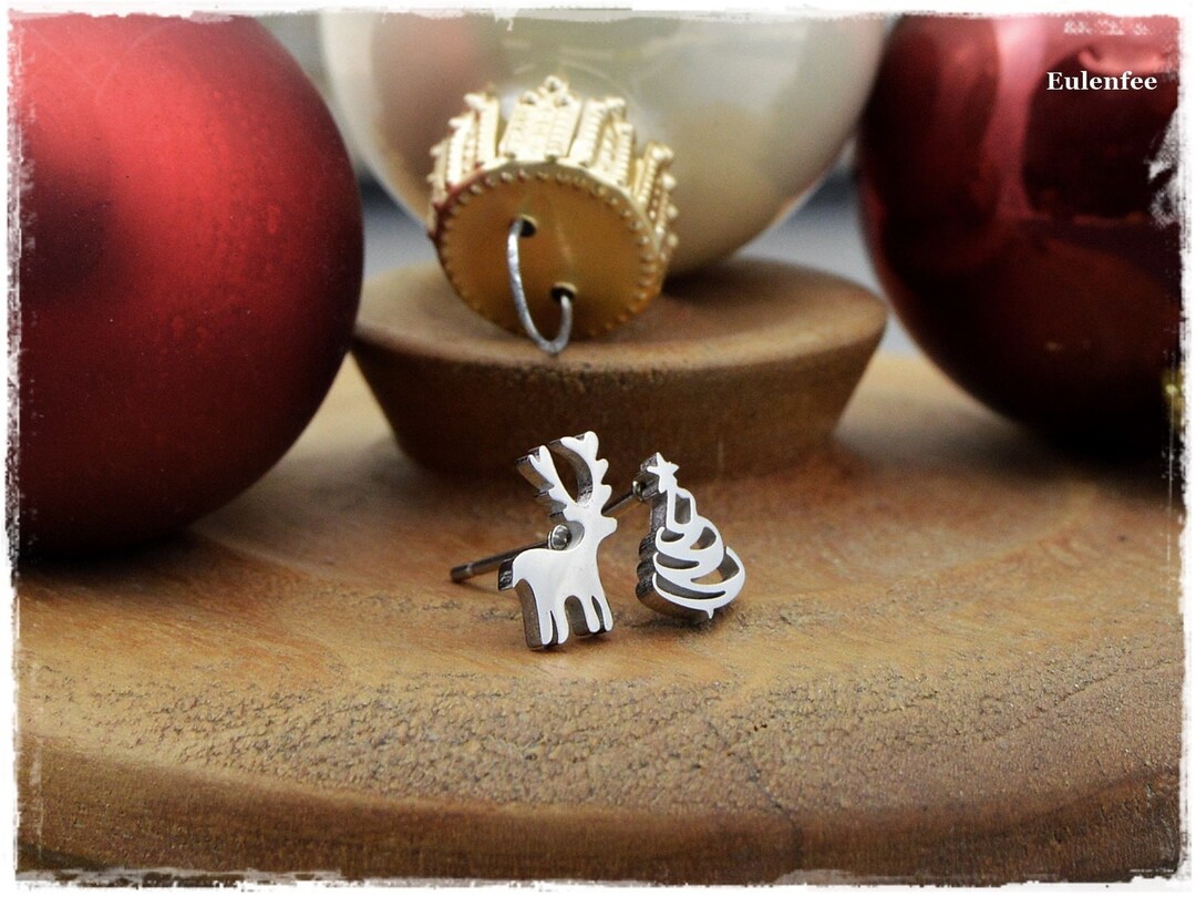 Stud Earrings "reindeer With Fir Tree" Tiny Stainless Steel Earrings ...
