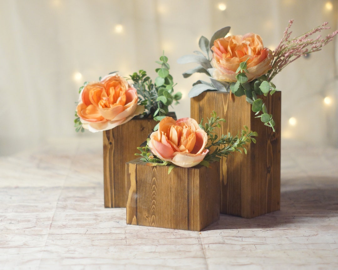 3 Wood Vase Centerpiece, Square Vase, Faux Flower Vase, Rustic Wedding ...