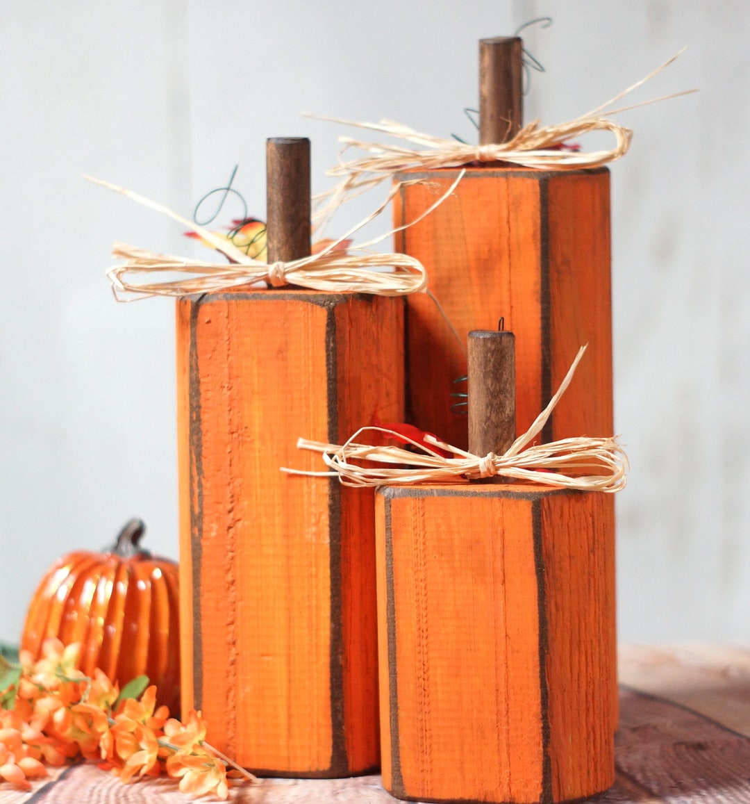 Fall Decor, Wood Pumpkins, Rustic Halloween Decor, Orange Wooden ...