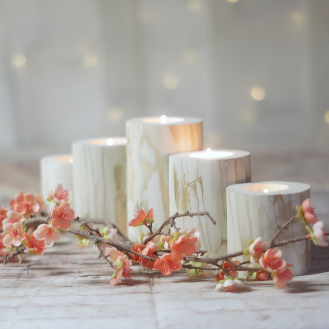 Set of 5, Natural Log Candle Holders, Farmhouse Table Centerpiece ...