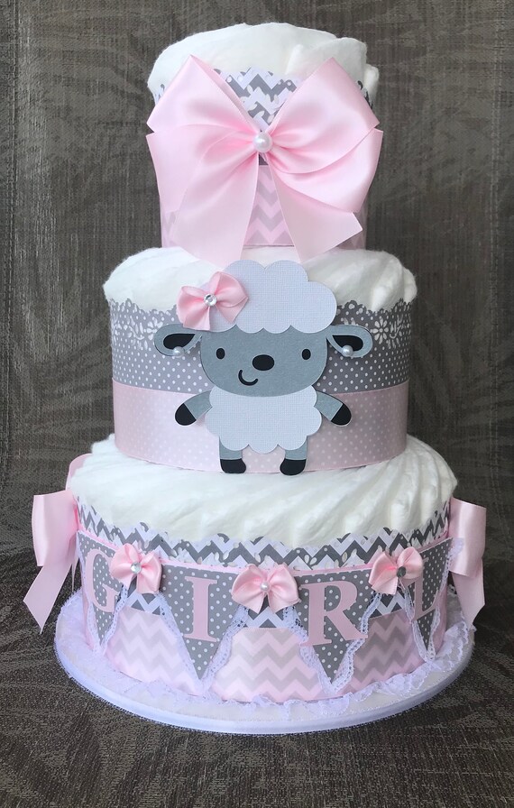 Lamb Diaper Cake/light Pink and Grey Lamb Diaper Cake/girl - Etsy