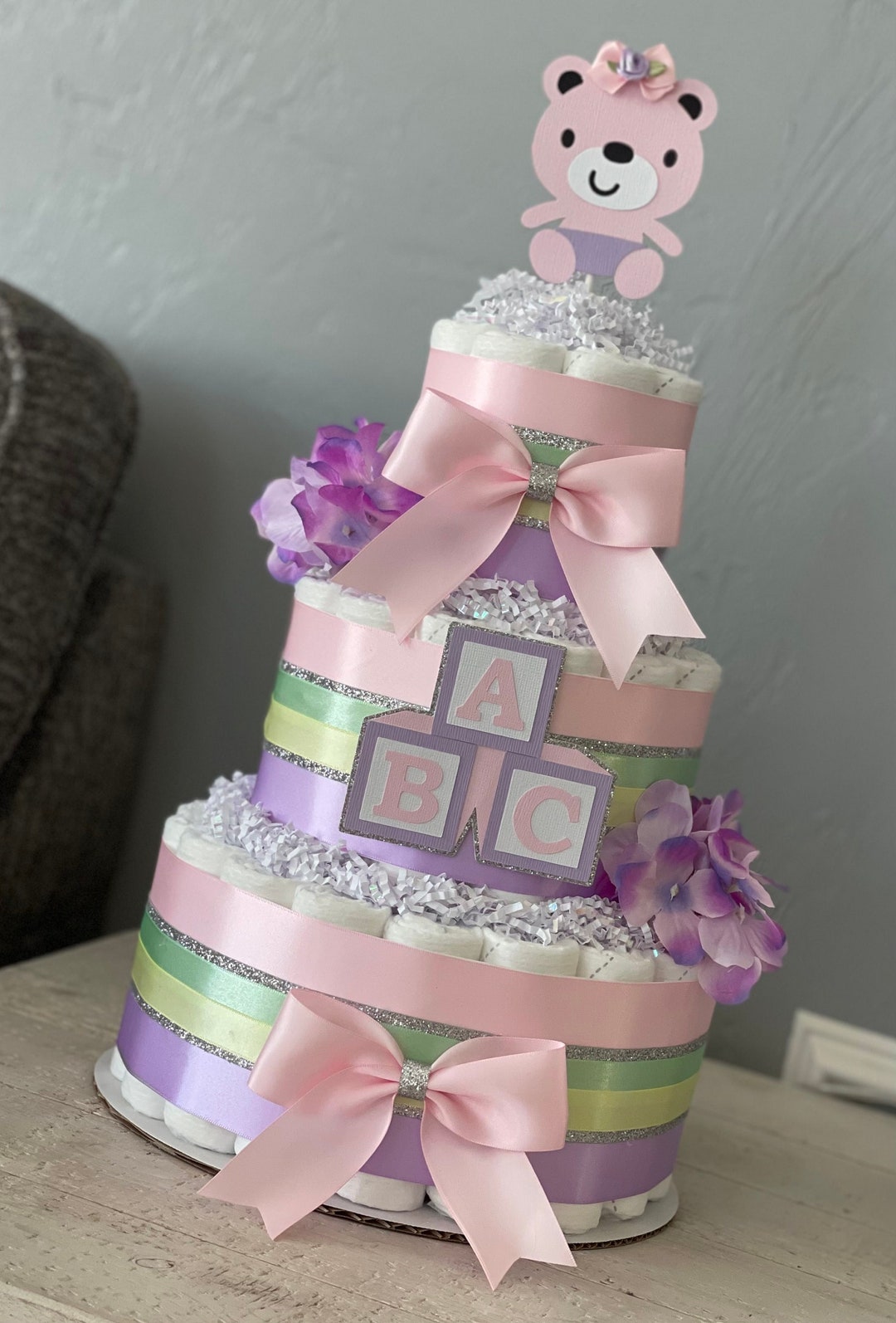 ABC Blocks Diaper Cake/bear Diaper Cake/baby Girl Diaper Cake/pastel ...
